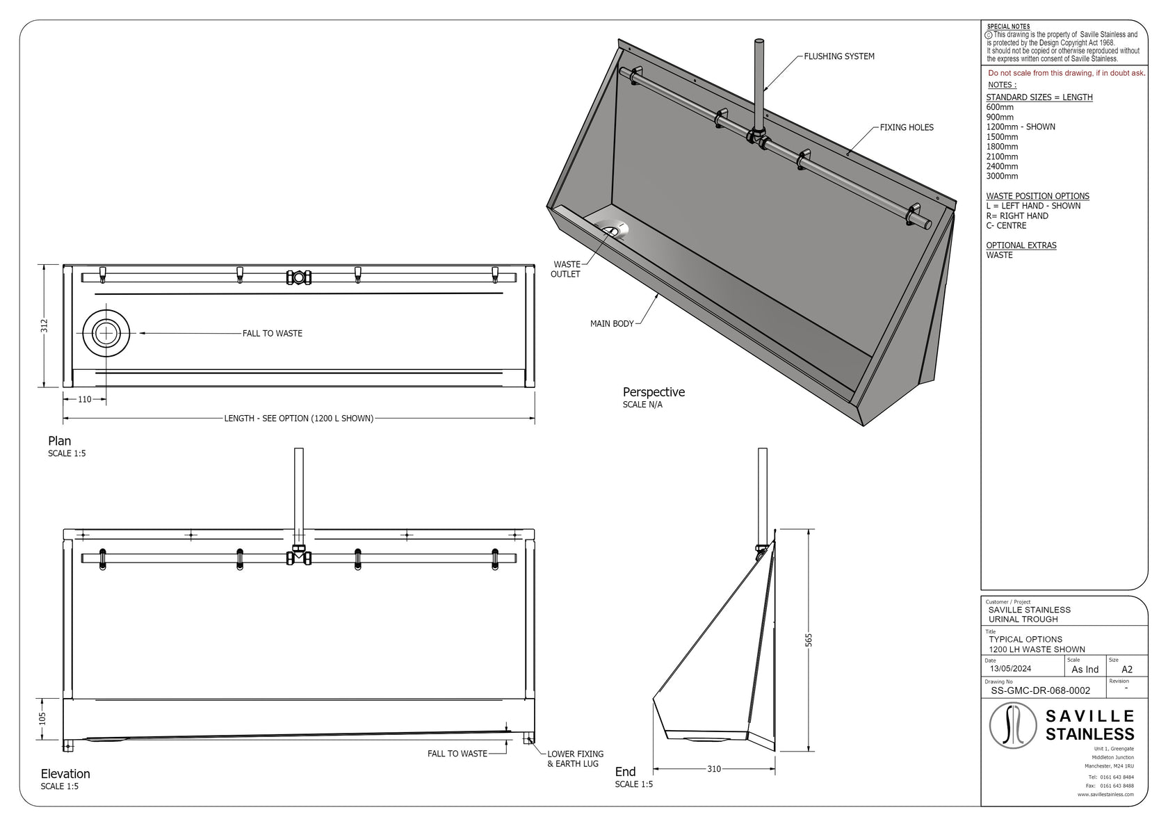 1200mm Wall Mounted Trough Urinal – Saville Stainless