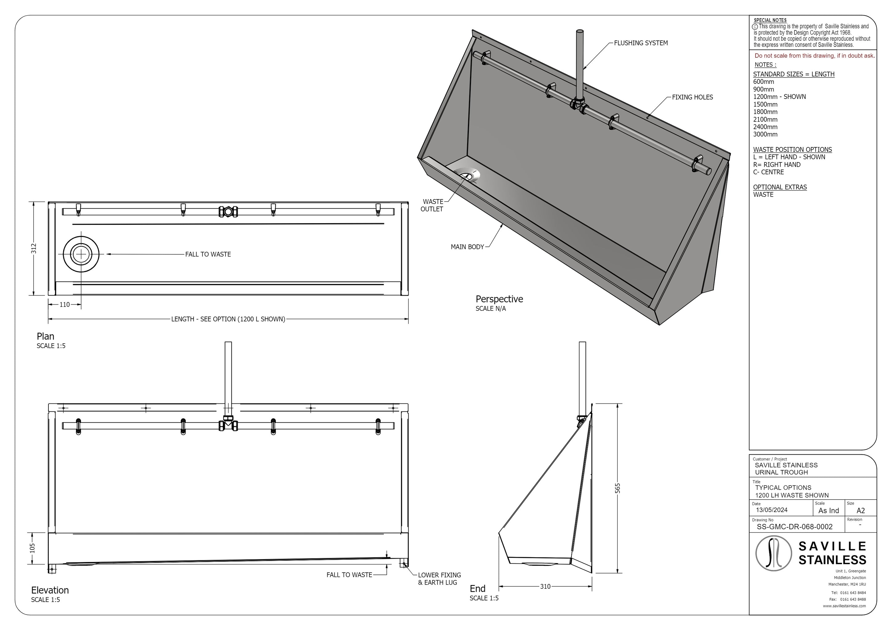 1200mm Wall Mounted Trough Urinal – Saville Stainless