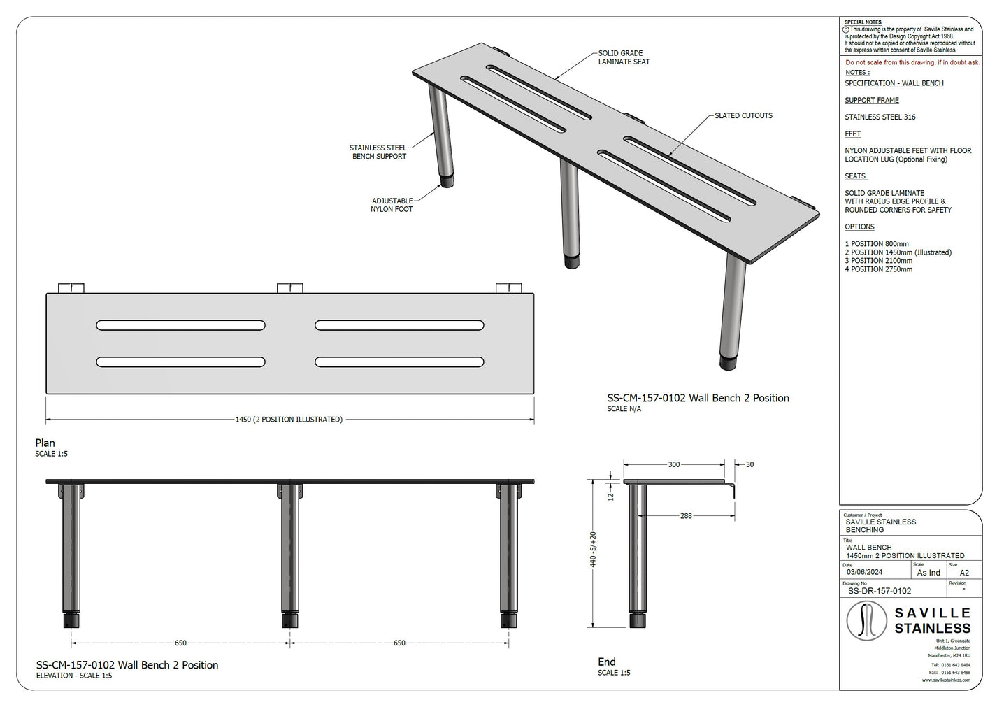 Changing Room Wall Bench Stainless Steel 1450mm – Saville Stainless