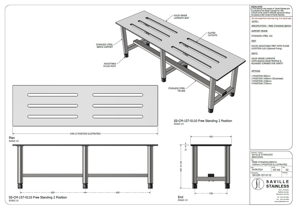 Changing Room Free Standing Bench Stainless Steel 1450mm – Saville ...